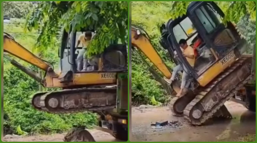 Багеристот требаше да истовари нешто, ама тој по грешка се истовари ...